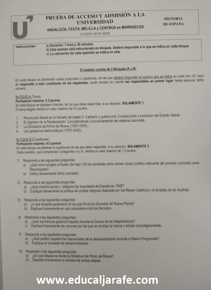 Examen de Historia de España Selectividad 2020. | Academia Educaljarafe